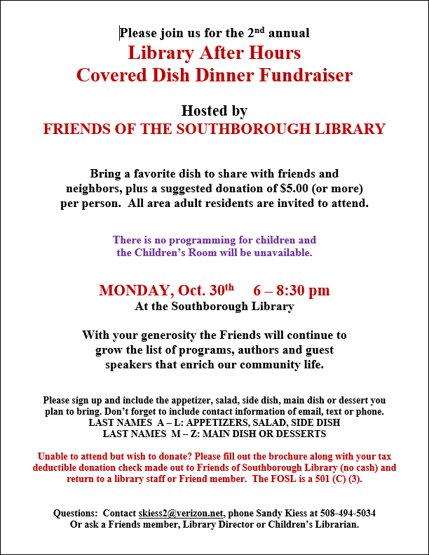 “Library after Hours” Covered Dish Dinner - Oct 30 - My Southborough