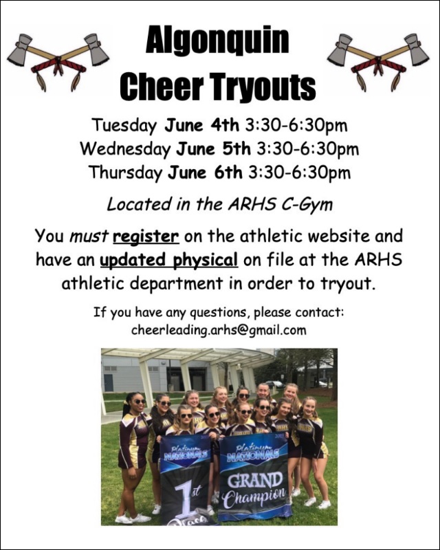 ARHS Cheer: Team tryouts next week and Youth Camp June 18-21