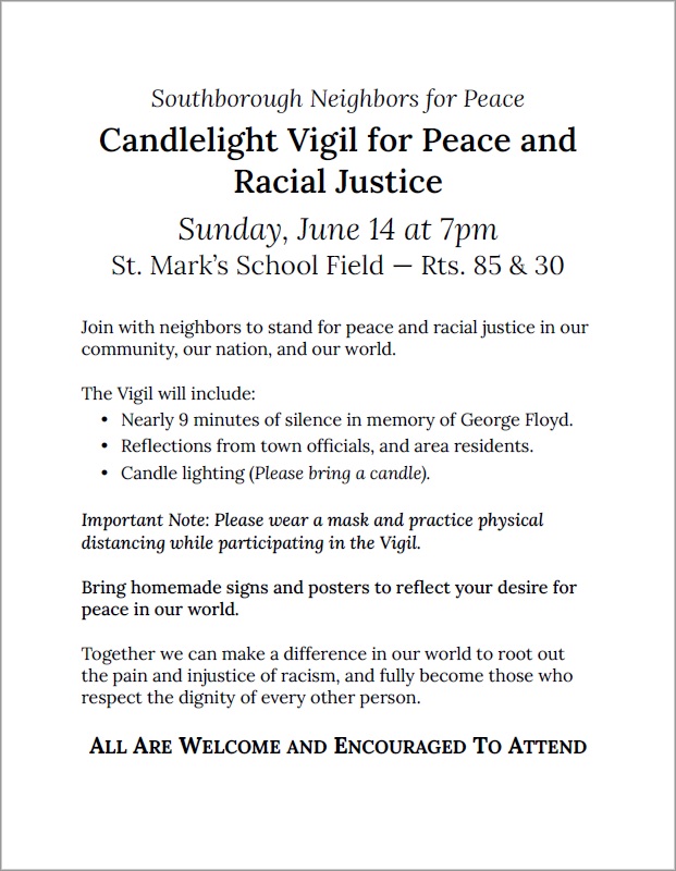 Candlelight Vigil for Peace and Racial Justice - June 14 - My Southborough