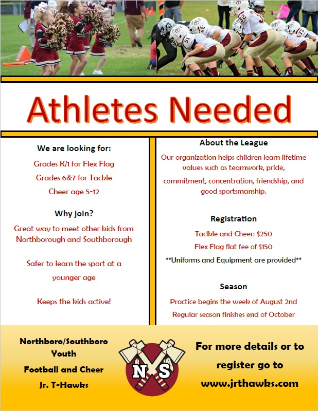 Sign up for Jr T-Hawks Football & Cheer; practice starts week of August ...