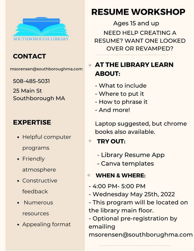 Resume Building Workshop at the Library - My Southborough